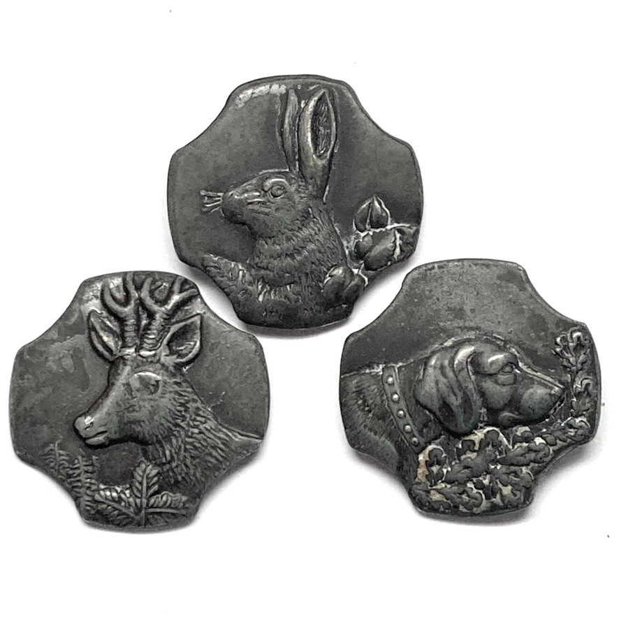 5/8" Set of 3 White Metal Antique Hunt Buttons Deer, Pointer Dog, and ...