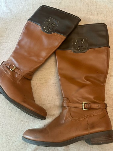 Tommy Hilfiger Brown Leather Riding Boots Size 8.5 Gold Hardware Logo ...