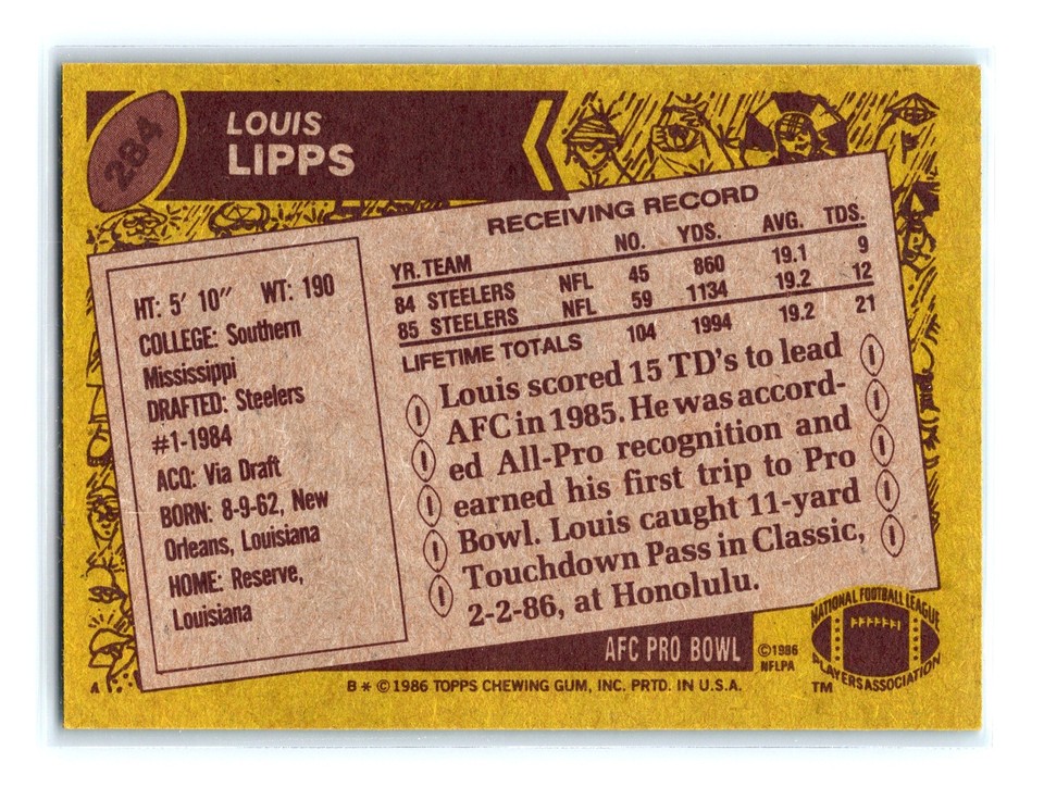 1986 Topps Football #284 Louis Lipps Pittsburgh Steelers | eBay