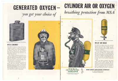 1957 Mine Safety Appliance MSA 2 Separate Pg. Ad: Air Mask & Chemox ...
