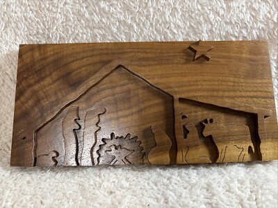 HandCarved 3D Wooden Nativity Plaque Nativity Set Baby Jesus Bethlehem ...