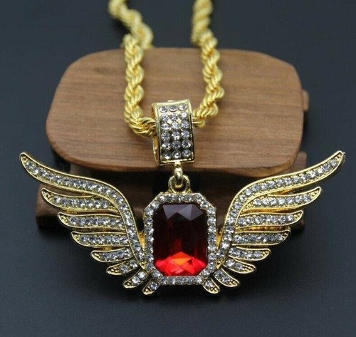 3.00Ct Red Ruby Angel Wings Pendant Necklace Lab Created 14K Gold ...