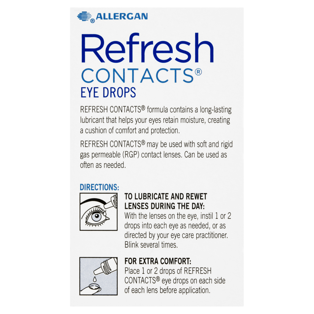 Refresh Contacts Eye Drops 15mL Sterile Long Lasting Lubricant Retain ...