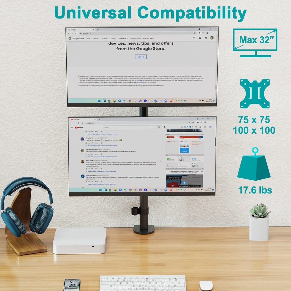 MOUNT PRO Vertical Dual Monitor Stand, Stacked Monitor Mount for 2 ...