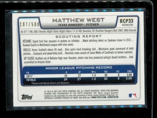 2012 1ST BOWMAN CHROME Refractor Baseball Card BCP33 MATTHEW WEST ...