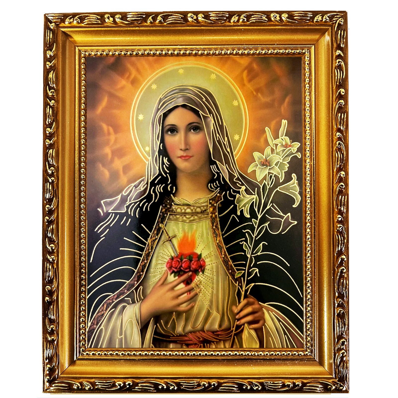 Sacred Heart of Mary Icon - Gold Foil Catholic Icon in Wooden Gold ...