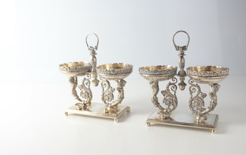 Pair Italian gilt 800 silver Open Master Salt Cellars spoon rest ...