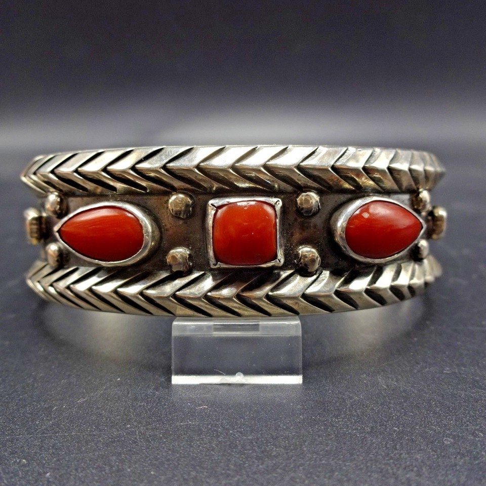 OLD Heavy Gauge CHISEL Stamped Sterling Silver CORAL Cuff BRACELET 60g ...