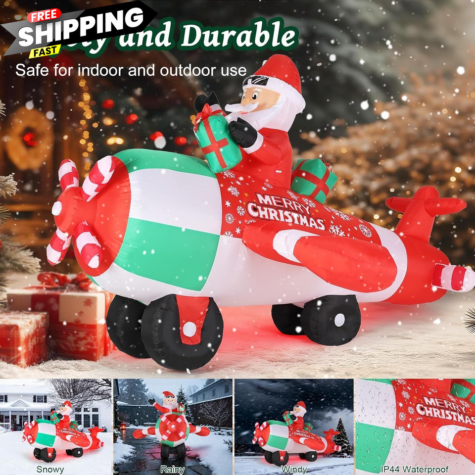 Christmas Inflatables Decorations Outdoor, 9FT Santa Airplane, Blow Up ...