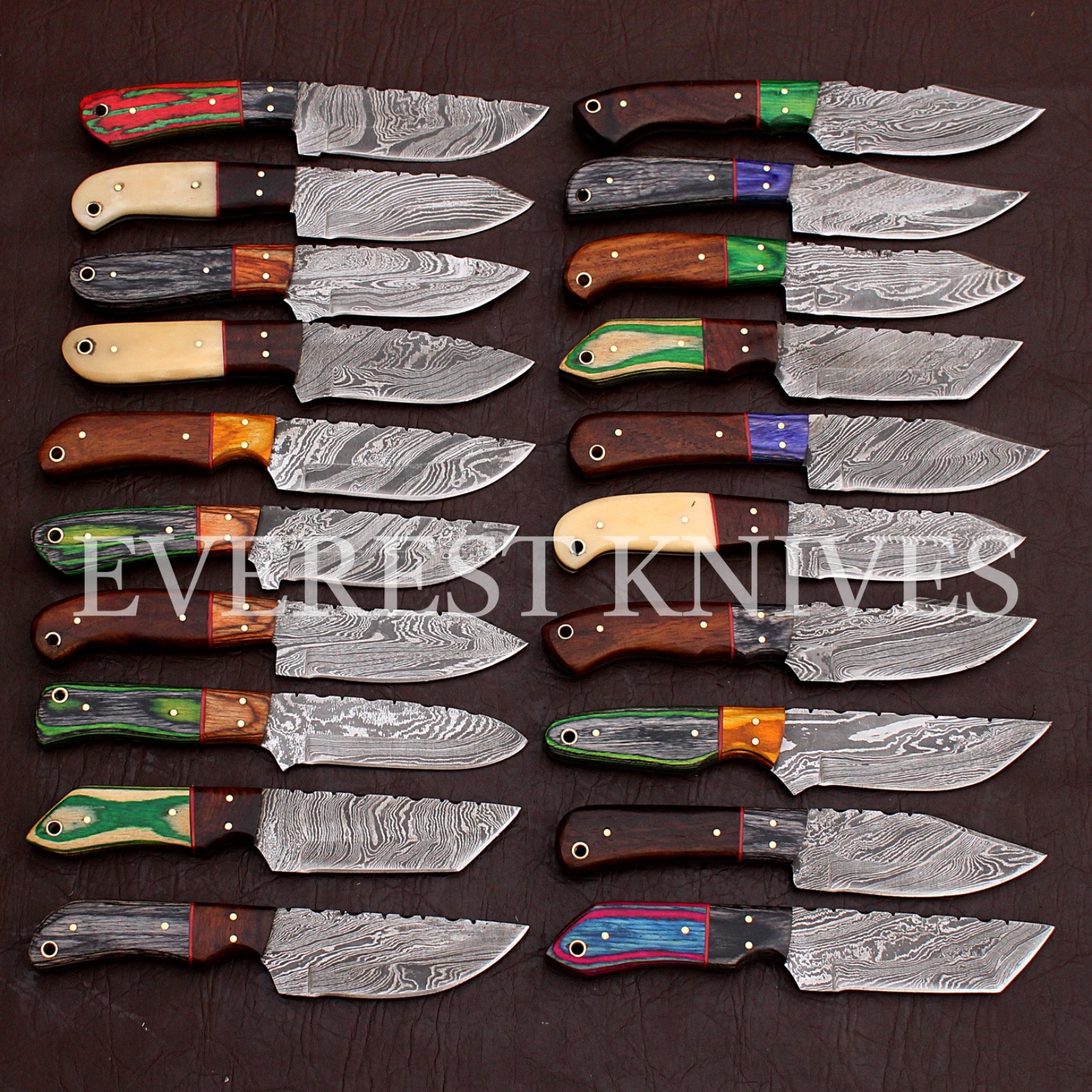 8" LOT OF 20 CUSTOM HANDMADE DAMASCUS STEEL MIX HUNTING EDC SKINNER ...