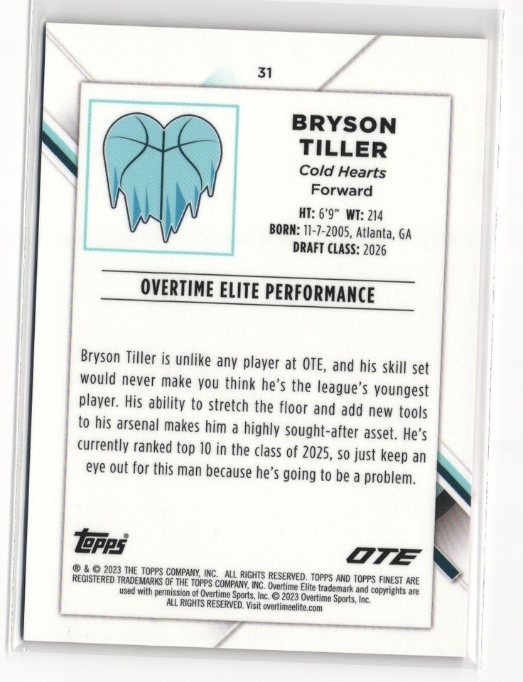BRYSON TILLER 2023 TOPPS FINEST OTE OVERTIME PINK PRISM REFRACTOR RC ...