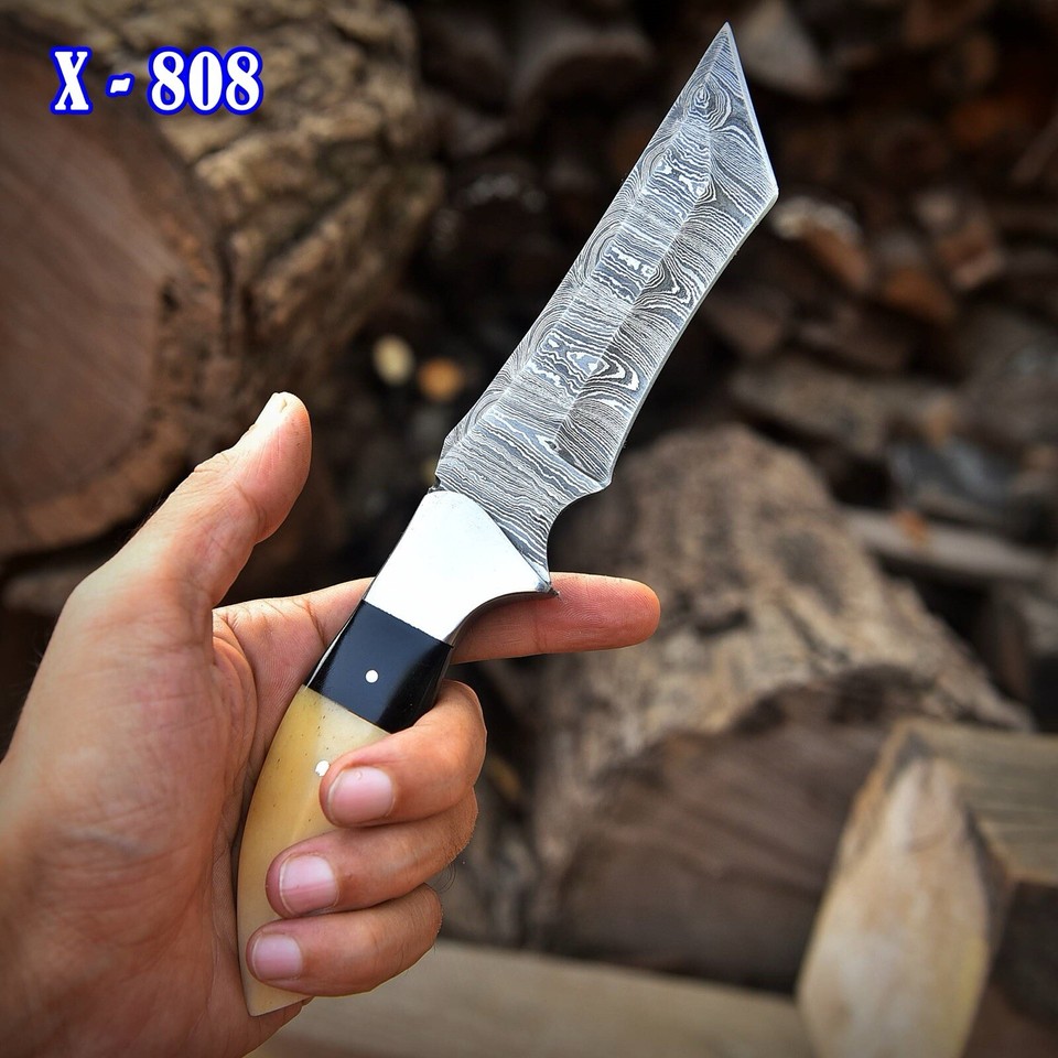 10” Real Damascus Fixed Blade Hunting Knife - Camel Bone Handle - Tanto ...