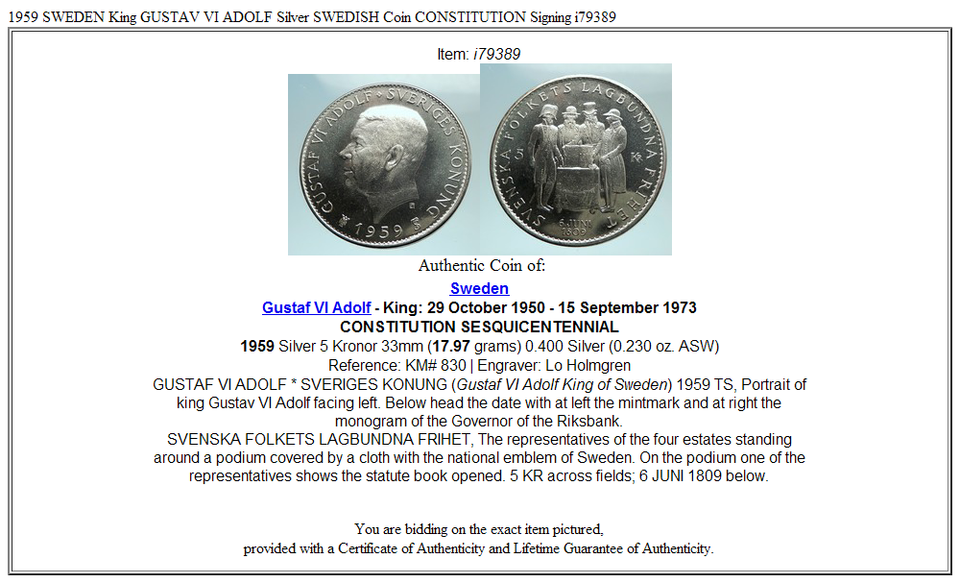 1959 SWEDEN King GUSTAV VI ADOLF Silver SWEDISH Coin CONSTITUTION ...
