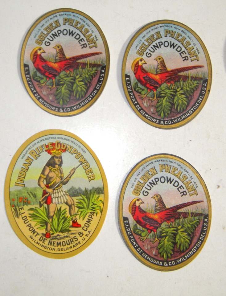 6 Unused Gun Powder Labels Indian Rifle, Golden Pheasant, Dupont De ...