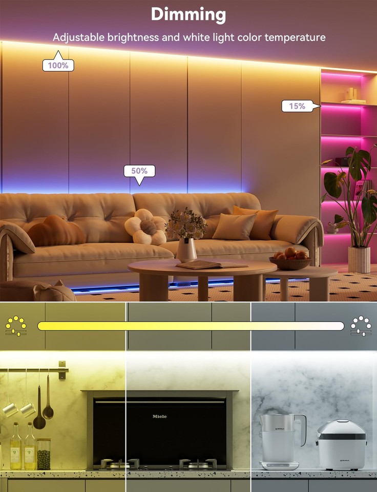 5V USB RGB COB LED Strip Light,9.84ft/3m Tape Lights,RF & App Control ...