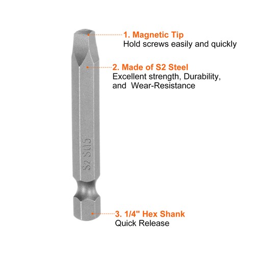 10Pcs SQ5 Square Head Screwdriver Bits 1/4 Inch Hex Shank 2" Long S2 ...