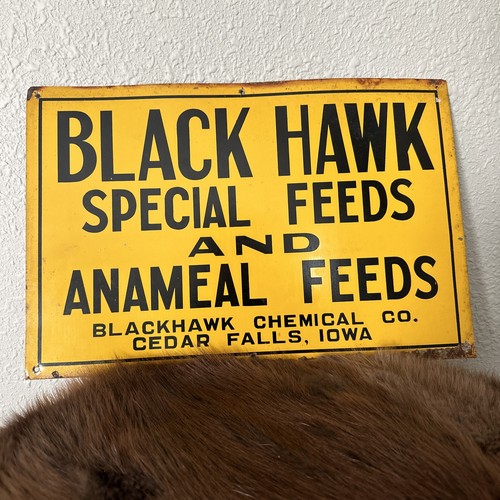 Antique Blackhawk Feeds Farm Store Advertising Metal SIGN Cedar Falls ...