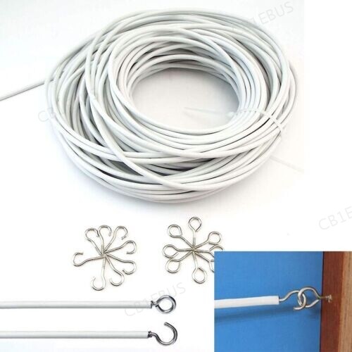 White Net Curtain Wire Cord Cable with Hooks and Eyes Fittings Window ...