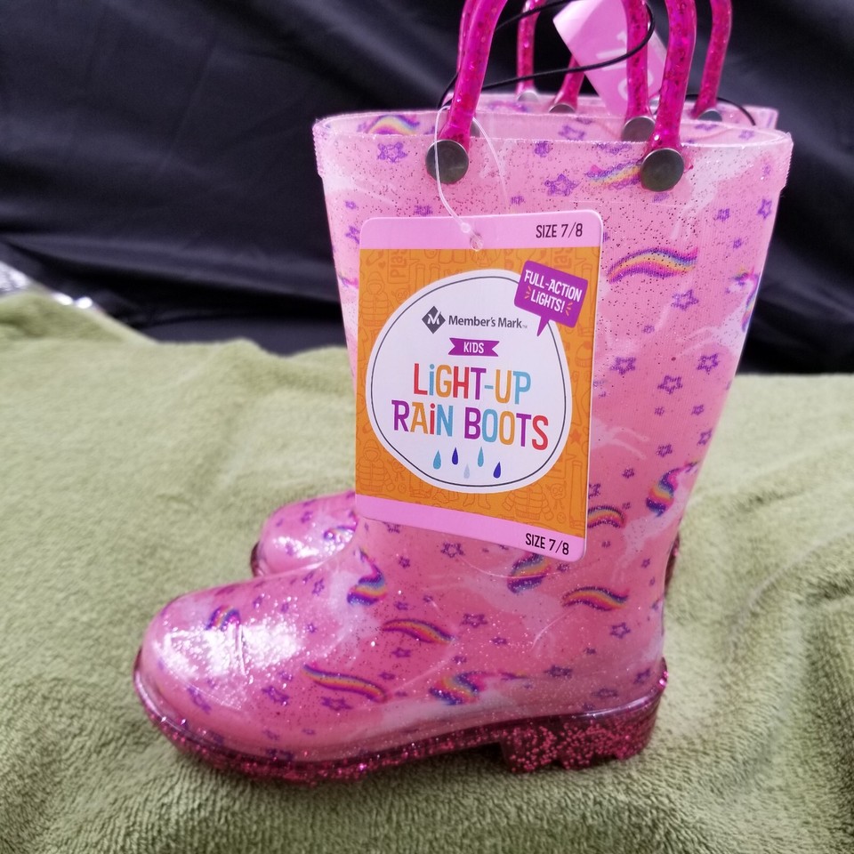 Member's Mark New Girls Pink Sparkly Light Up Rain Boots Size 7/8 Stars ...