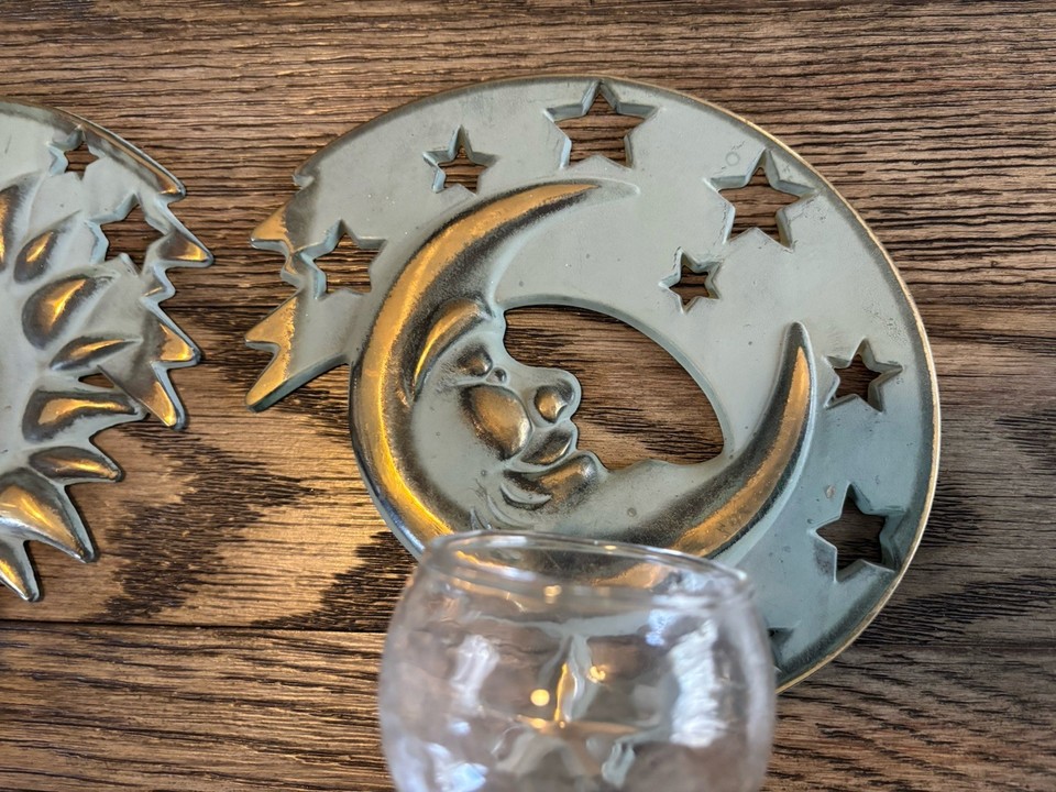 Vtg 1994 Party Lite Sun & Moon Metal Wall Hanging Candle Holders Green ...