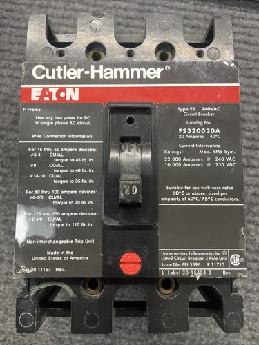 EATON Cutler Hammer FS320020 A 20 AMP 3 POLE Phase 240V 20A 22k for ...