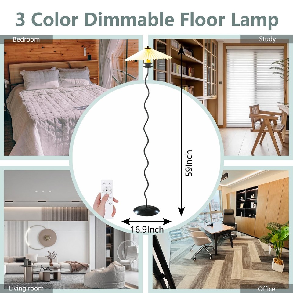 Pleated Floor Lamp, 3 Color Dimmable Floor Lamp with Remote Control ...