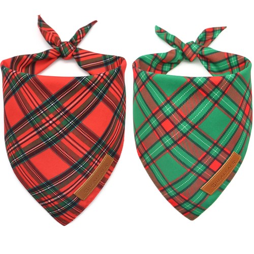 Realeaf Christmas Dog Bandanas 2 Pack, Reversible Red Green Plaid Dog ...
