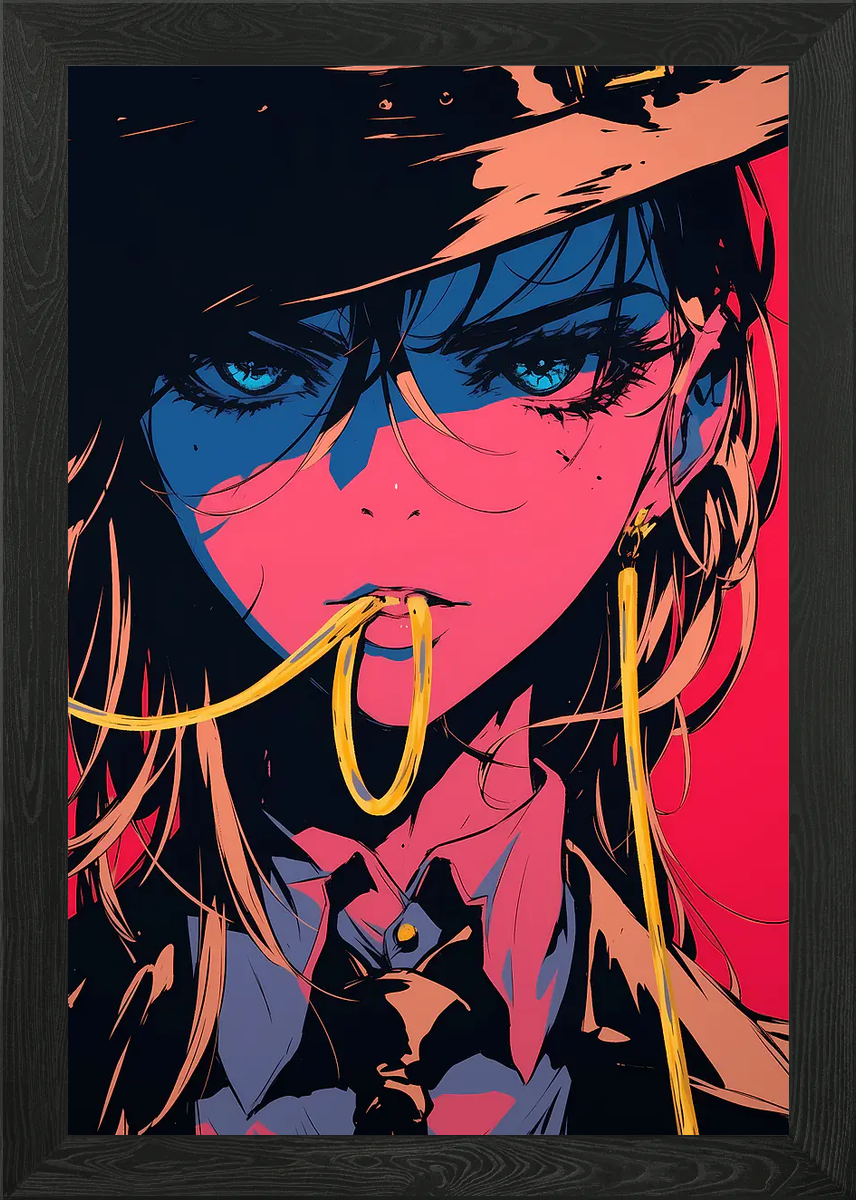 Anime Girl with Hat and Chain Framed Wall Art Poster Canvas Print ...