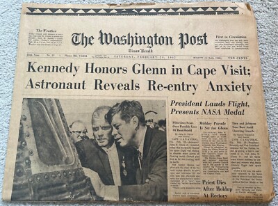 WASHINGTON POST TIMES HERALD FEB 24, 1962 "KENNEDY HONORS GLENN IN CAPE ...