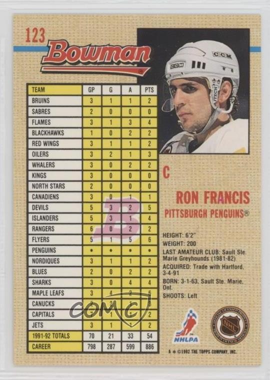 1992-93 Bowman Ron Francis #123 HOF 0c4 | eBay