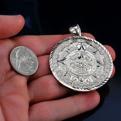 Large Sterling Silver Aztec Calendar DC Pendant Sun Stone Medal | eBay