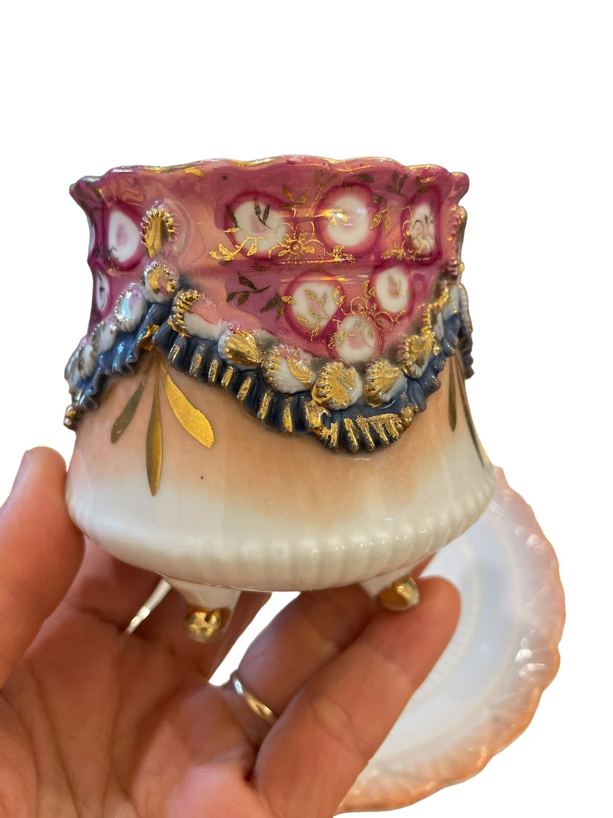 Antique Exquisite Applied Clams Shells Footed Pink Blue Tea Cup Saucer ...