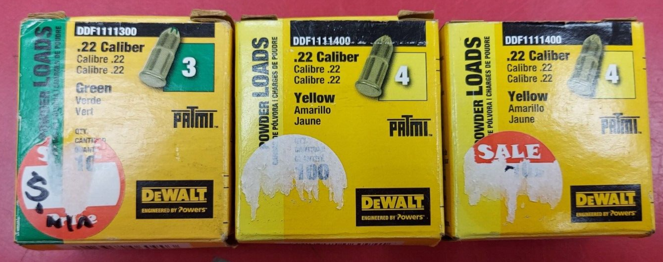 Lot of 3 Dewalt 22 Caliber Powder Loads 3 & 4 Green & Yellow | eBay