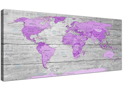 Large Purple and Grey Map of World Atlas Canvas Wall Art Print 120cm ...