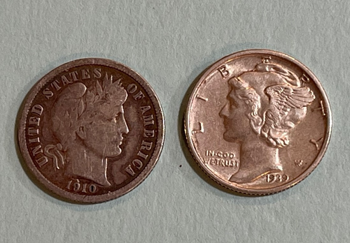 Two Nice Dimes 1939-S Mercury Split Reed 1910-P Barber FREE SHIPPING ...