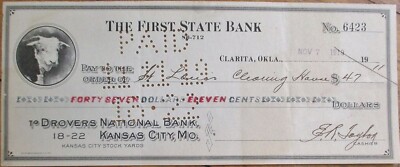 Clarita, OK 1919 Check, First State Bank to Drovers National Bank, Cow ...