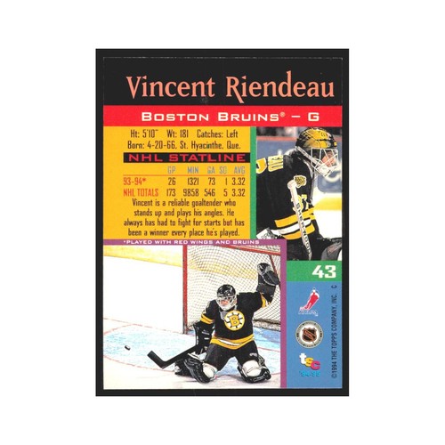 1994 Stadium Club Vincent Riendeau Boston Bruins #43 | eBay