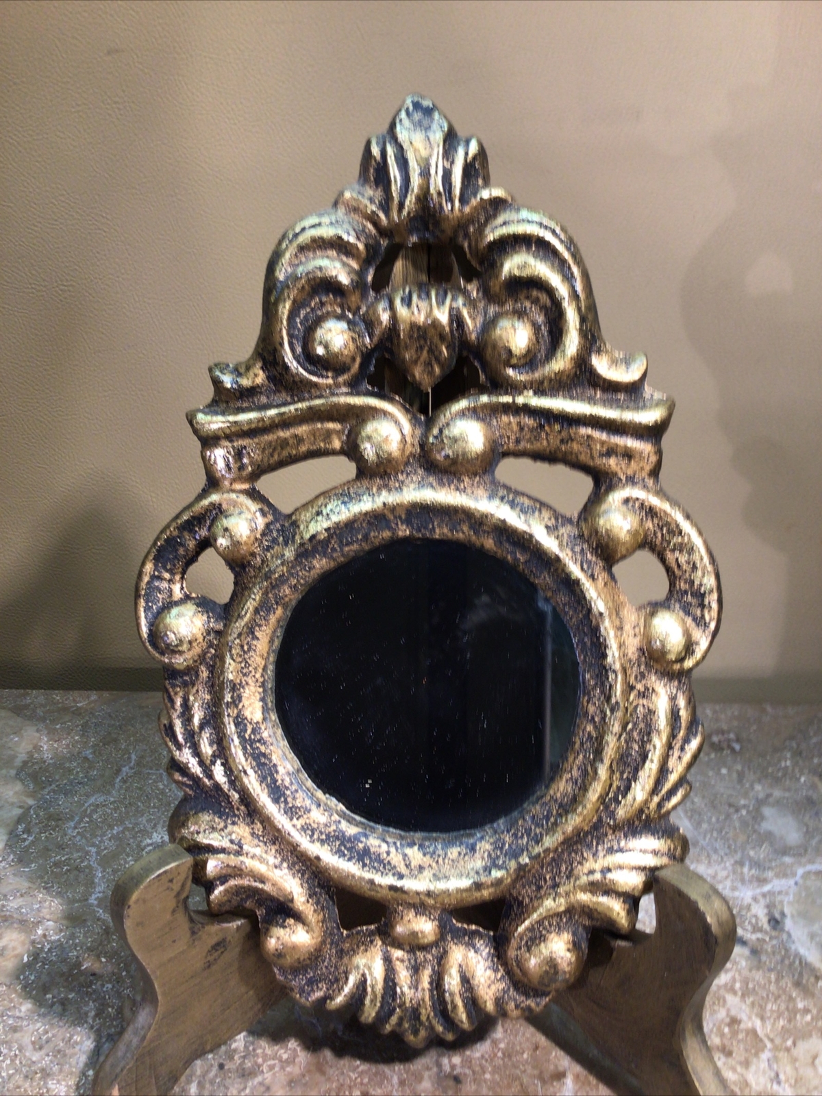 Vtg Victorian Round Wall Mirror Cast Iron Frame Gold Filigree 9”x 5.5 ...