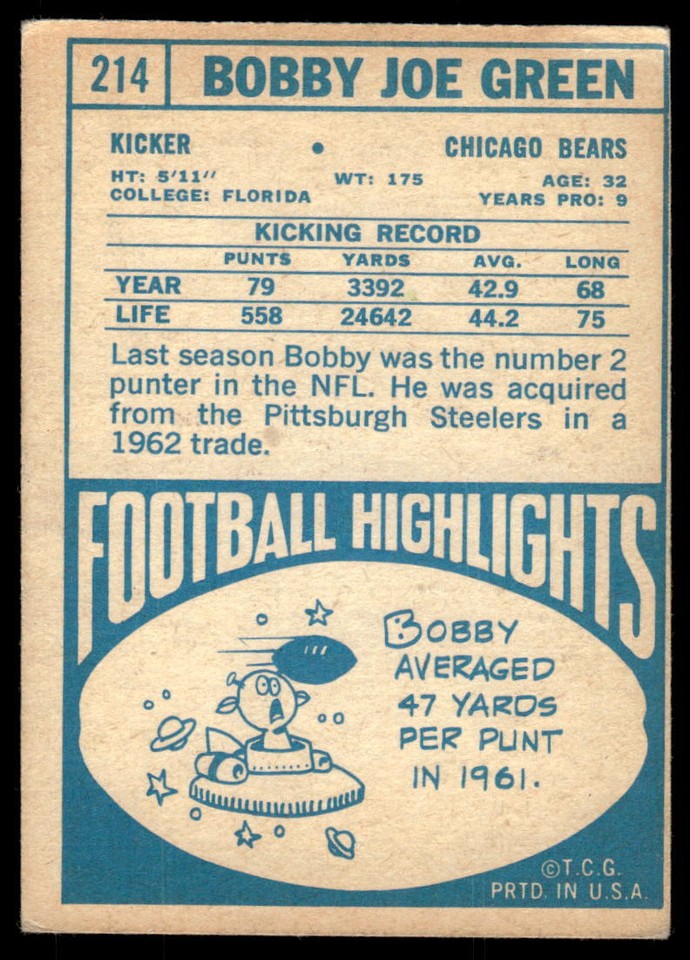 1968 Topps Bobby Joe Green #214 Chicago Bears Football Card | eBay