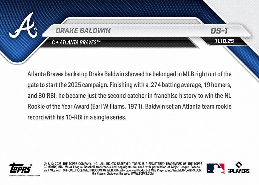 Drake Baldwin 2025 MLB Topps NOW Card OS-1 Rookie Of The Year Braves | eBay