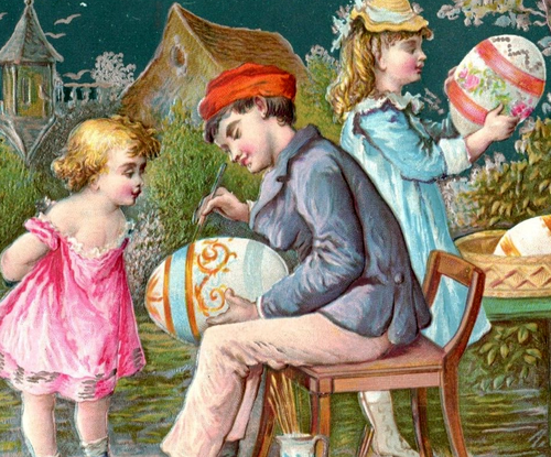 1870s-80s Embossed Easter Card Boy Painting Giant Eggs Cute Girls #7T ...