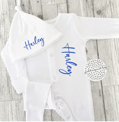 personalised sleepsuit Babygrow with matching baby hat Hello World ...