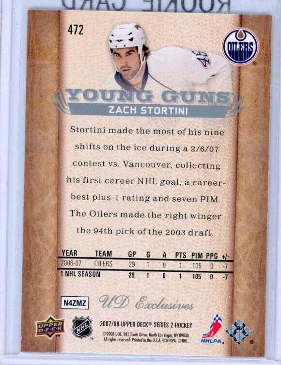 2007-08 ZACH STORTINI YOUNG GUNS RC EDMONTON OILERS. UD Exclusives /100 ...