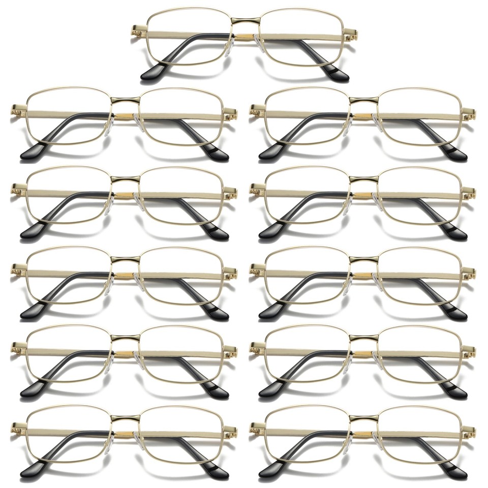 11Pair Mens Square Metal Frame Golden Reading Glasses Classic Readers ...
