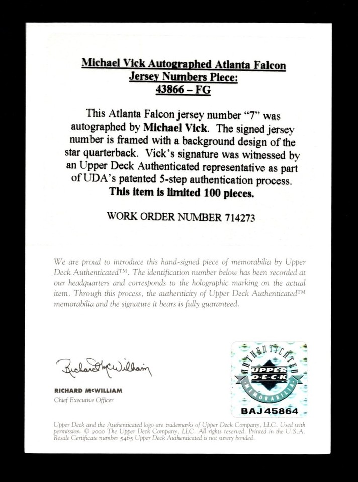 Michael Vick Atlanta Falcons Signed Jersey Number 7 w/UDA COA #48/100 ...