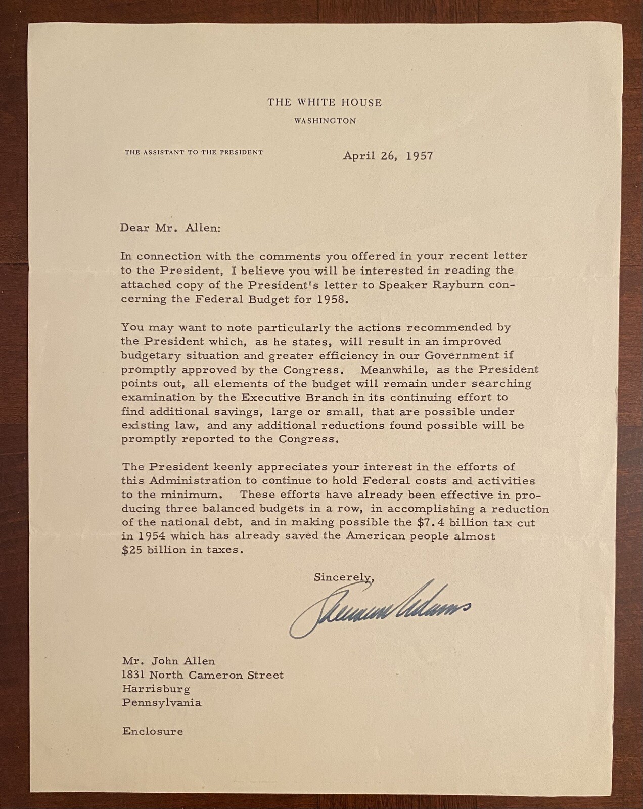 Sherman Adams (Eisenhower Chief of Staff) 1957 SIGNED Letter White ...