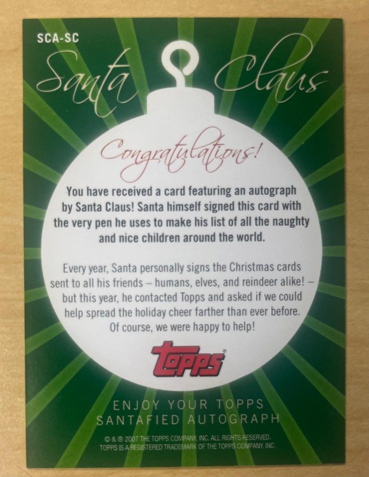 2007 Topps Santa Claus Autograph #SCA-SC Auto Christmas Happy Holiday ...