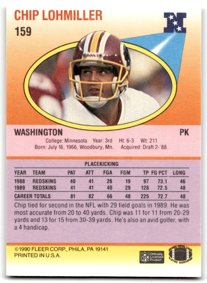 1990 Fleer Chip Lohmiller Washington Redskins #159 | eBay