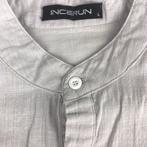 Vintage Incerun Men's Shirt Stand Collar 3/4 Button Sleeve Pocket Gray ...