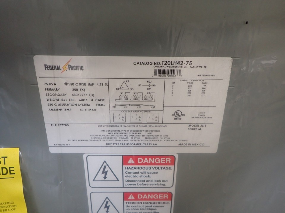 New FPE 75 KVA True Step Up Transformer T20LH42-75 208 to 480y/277 Volt ...